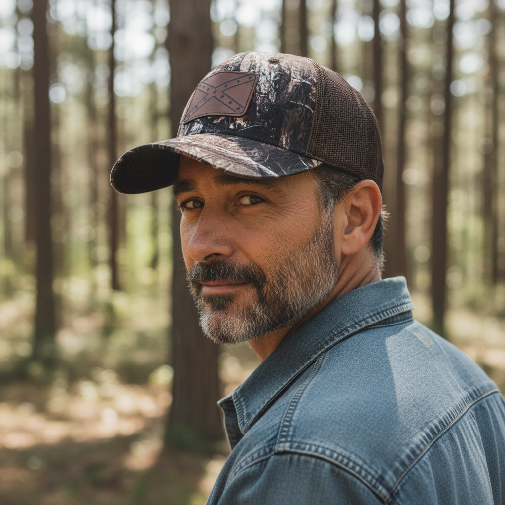 Confederate Shop — Apparel — OSB Trucker Hat - Leather Jack, Forrest Camo